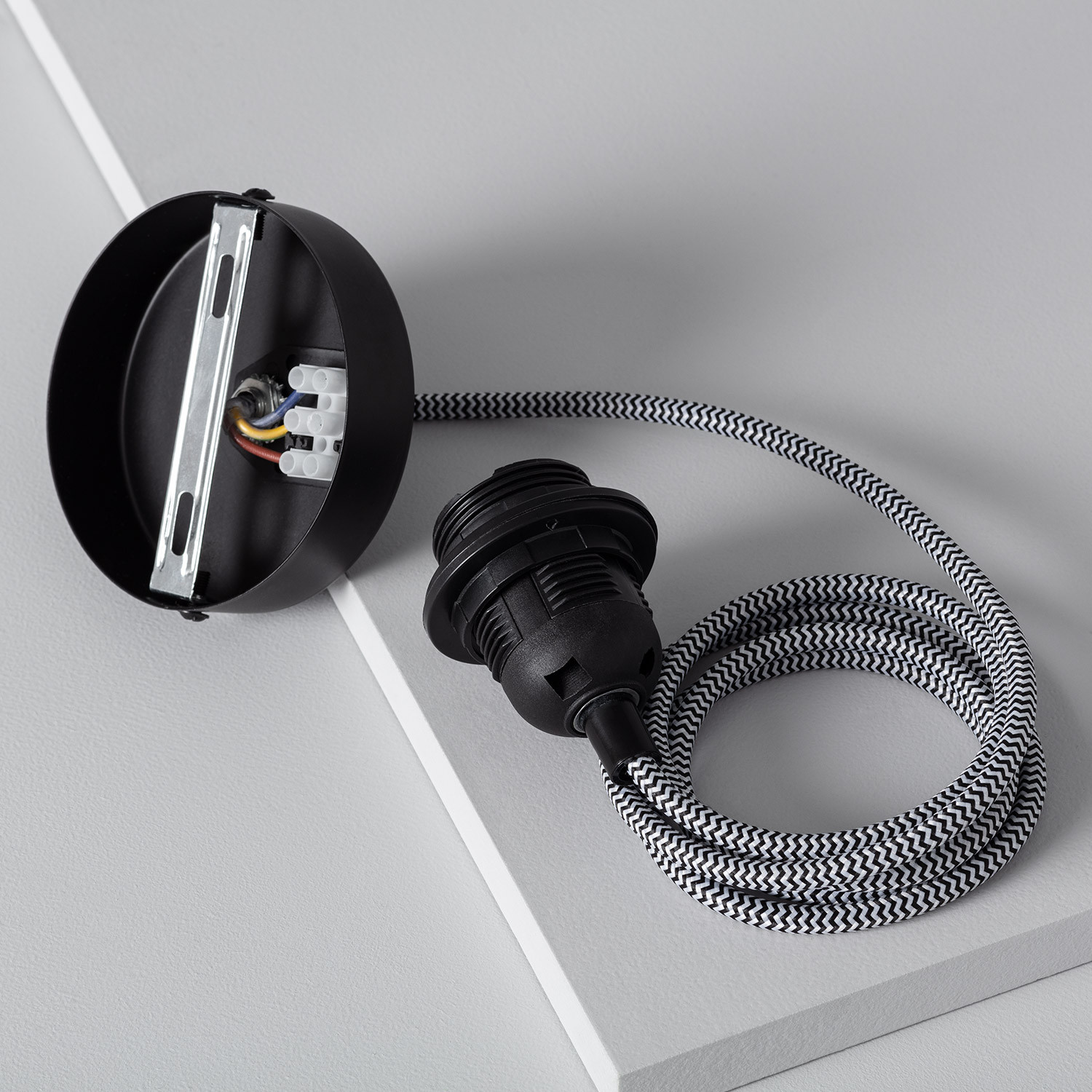 Pendant Lamp Holder with Lampholder Black & White Textile Cable - Ledkia